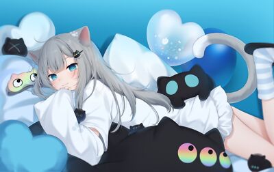 Anime girls blue eyes nacho neko virtual youtuber gray Playmat Game Mat ...