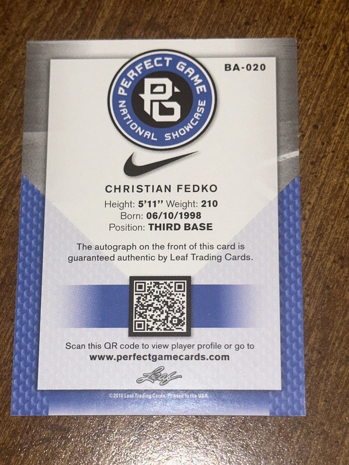 CHRISTIAN FEDKO 2016 Leaf Perfect Game YELLOW AUTOGRAPH #20/25 UCONN ...