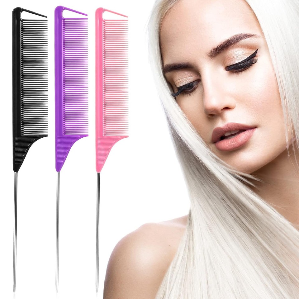 Rat Tail Combs Set: 3Pcs Long Steel Pin Teasing Combs for Salon Hair ...