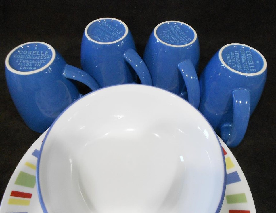 ️ 16-pc Corelle MEMPHIS Dinnerware Set w/Mugs *Red Blue Green Yellow ...