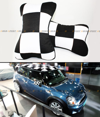 PAIR BLK WHITE CHECKERED FLAG HEAD REST CUSHION PILLOW FOR 2002-2015 ...