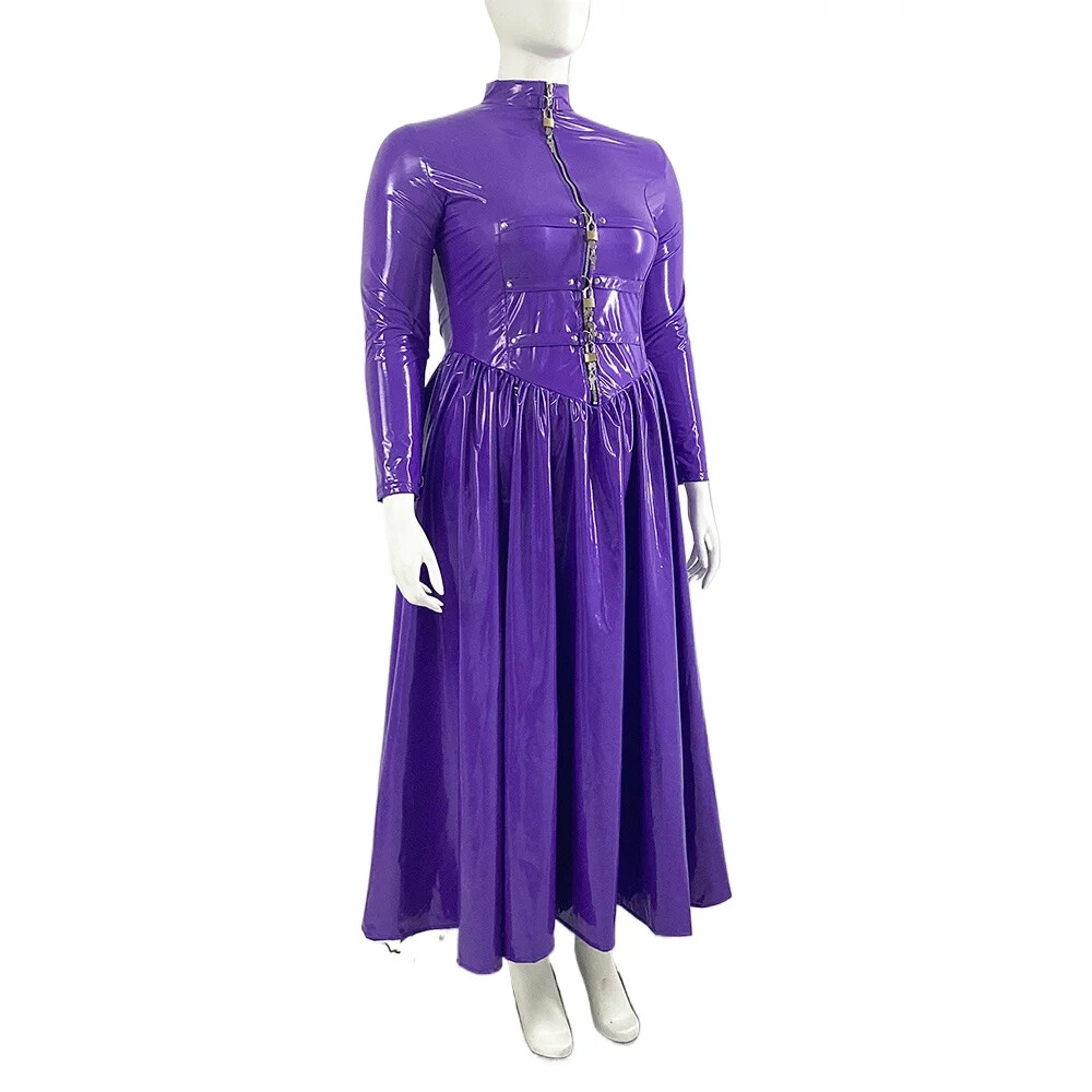 Lockable Spandex PVC Leather Long Dresses Exotic Party Wetlook Pleated ...