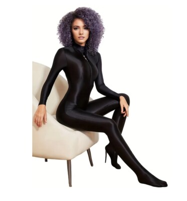 Women's Oil Shiny Glossy Silky Bodysuit Zipper Open Crotch Bodystocking ...