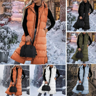 WOMENS LADIES LONG LINE HOODED PUFFER GILET BODY WARMER JACKET PADDED ...