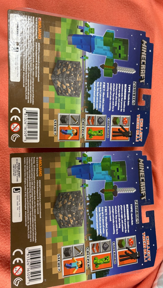TWO (2) Minecraft Figure OVERWORLD ZOMBIE (w/ Iron Ore Block & Sword ...
