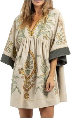 Embroidered BOHO CHIC Babydoll Mini Dress Peasant V Neck Festival ...