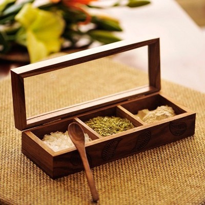 ExclusiveLane Wooden Spice Box with 3 Partitions & Spoon, 9x3x2 in ...