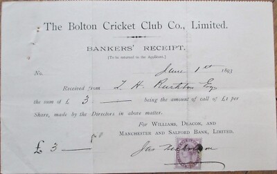Bolton Cricket Club 1893 Sport Stock Certificate Receipt, Thomas Henry ...