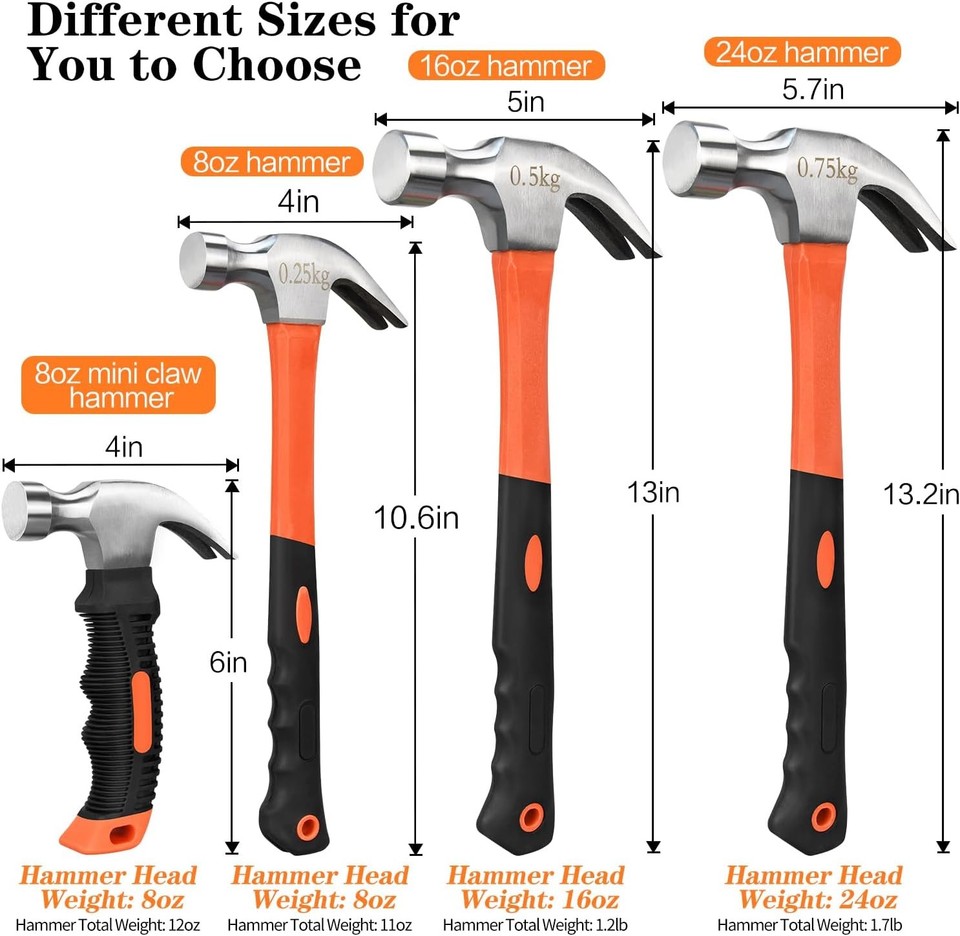 2pcs Claw Hammer Set, 8oz Mini Claw Hammer and 16oz Straight Rip Claw ...