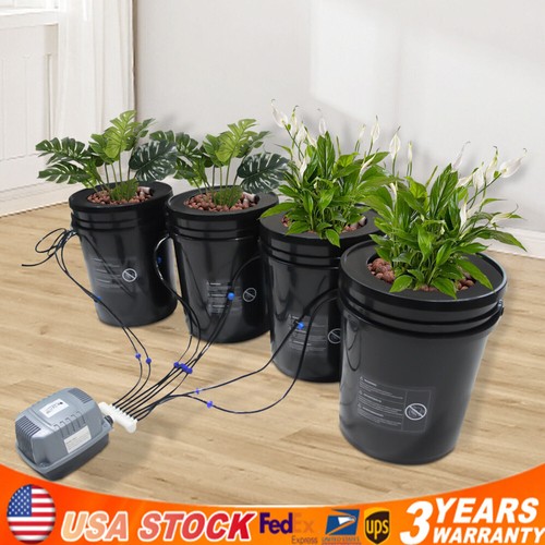 4 Bucket 5 Gal DWC Hydroponic Grow System w/ Top Drip Kit Planter + Air ...