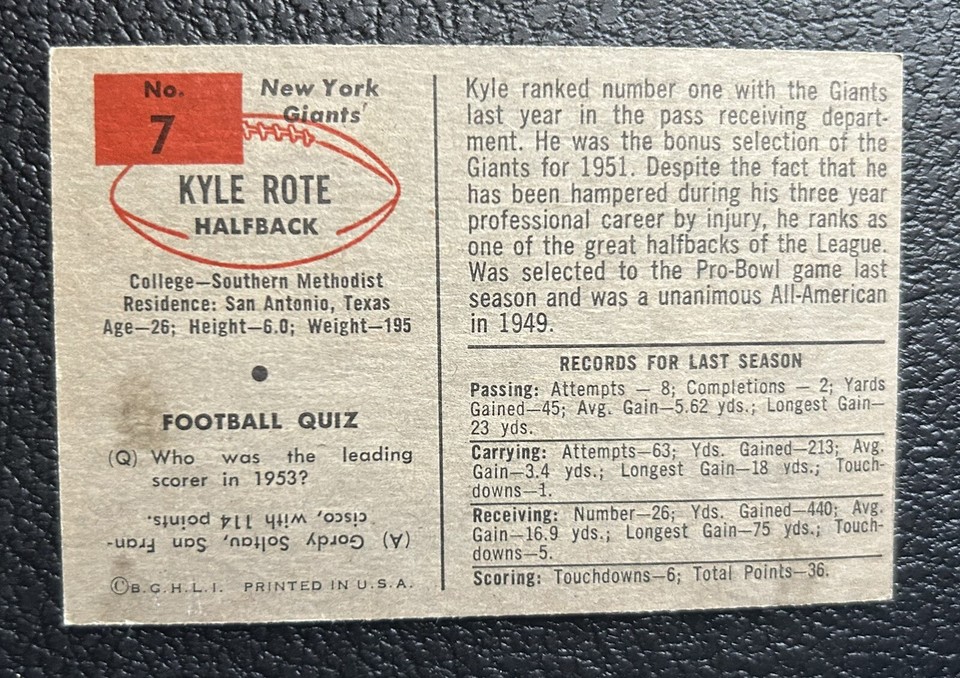 Kyle Rote Signed Autographed 1954 BOWMAN Card # 7 New York Giants | eBay