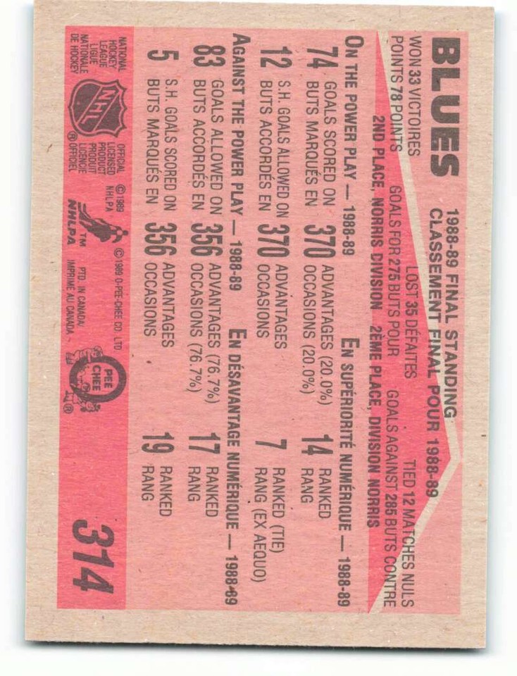 1989-90 O-Pee-Chee #314 St. Louis Blues NM-MT Blues St. Louis Blues | eBay