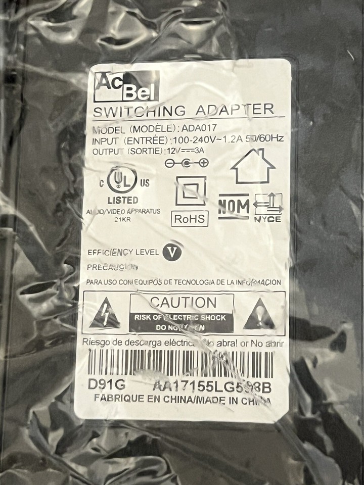 AcBel EPS-3 Switching Adapter ADA017 100-240V 1.2A 50/60Hz 12V 3A New ...