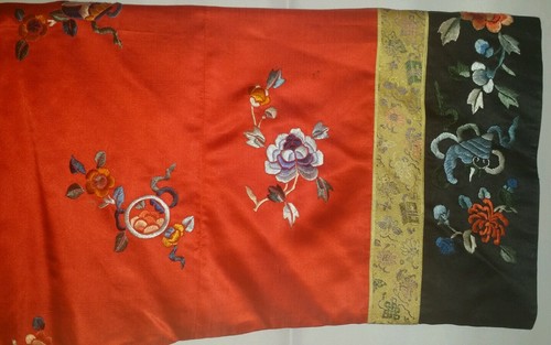 Fine Antique Chinese Qing Embroidery Red Black Silk Robe Flowers ...