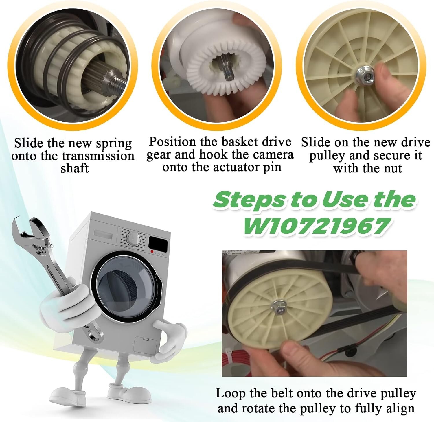 W10721967 Washer Pulley Clutch Kit & W10006384 Washing Drive Belt for ...