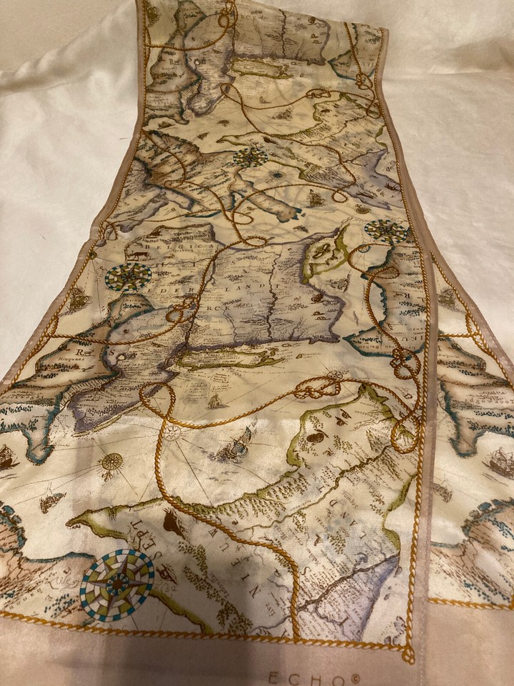 ECHO Vintage100% Silk Crepe dechine Beige Rectangular Scarf Wrap ...