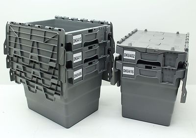 Used 5x Heavy Duty Plastic Storage Box Boxes With Folding Attached Lids ...