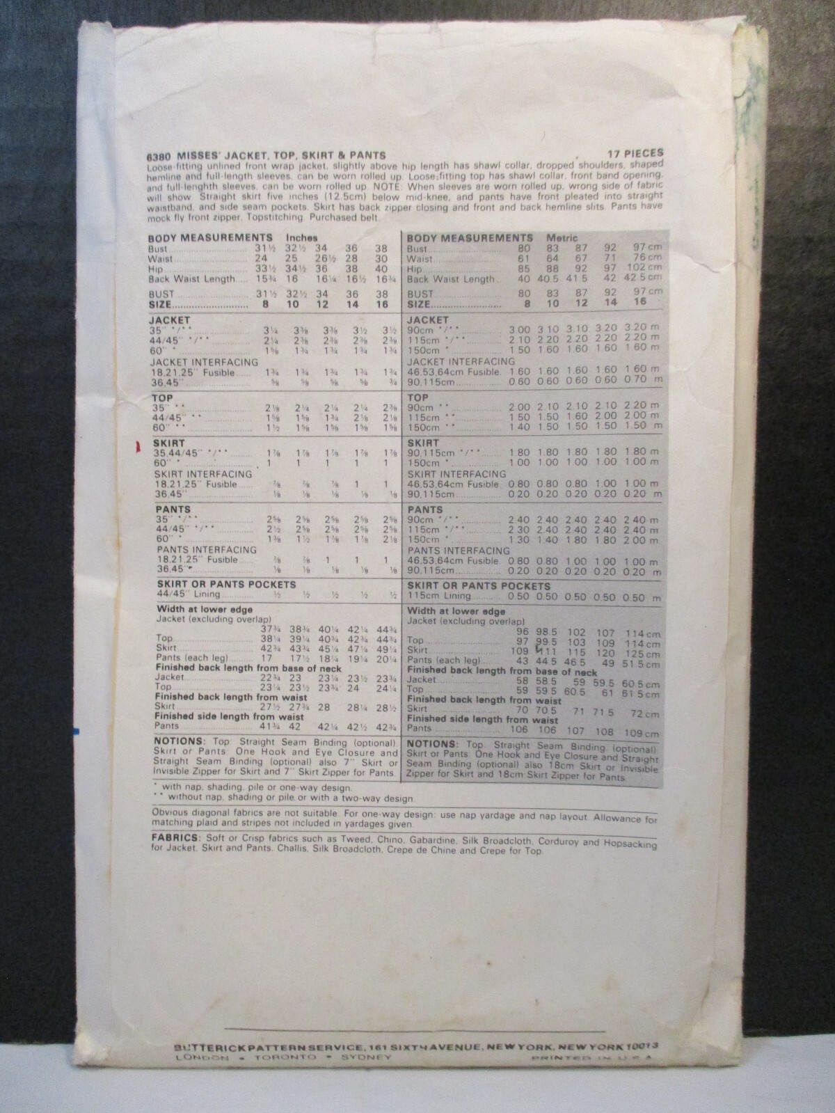 Butterick Quick! Pattern 6380 Miss Sz 10 Jacket Top Skirt Pants Cut ...