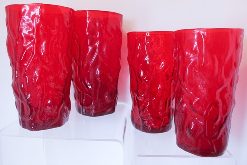 4 Vintage Morgantown Seneca Driftwood 8 oz. Ruby Red Crinkle Glass ...