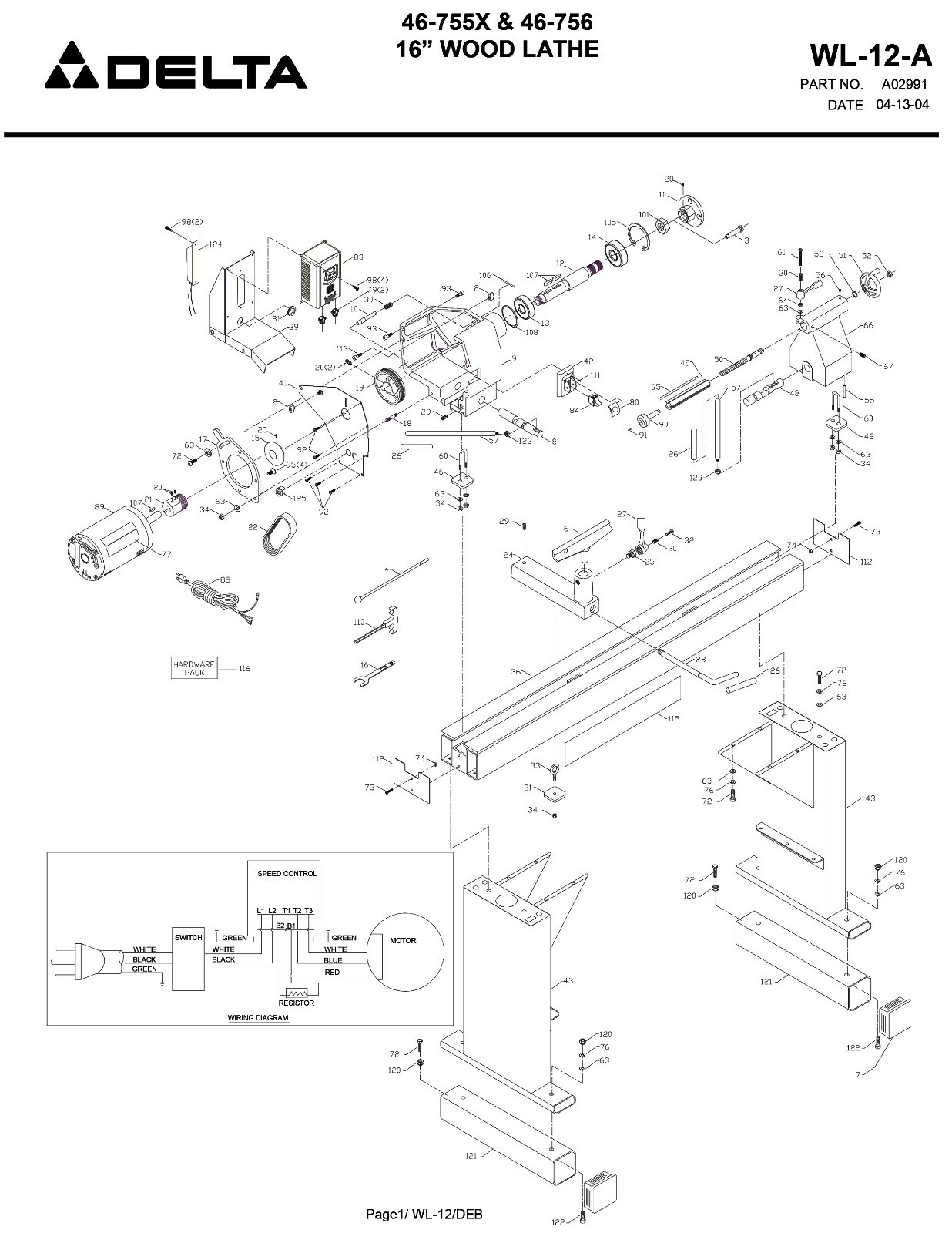 Delta 16" Variable Speed Wood Lathe 46-756, 46-755X Instruct& Parts ...