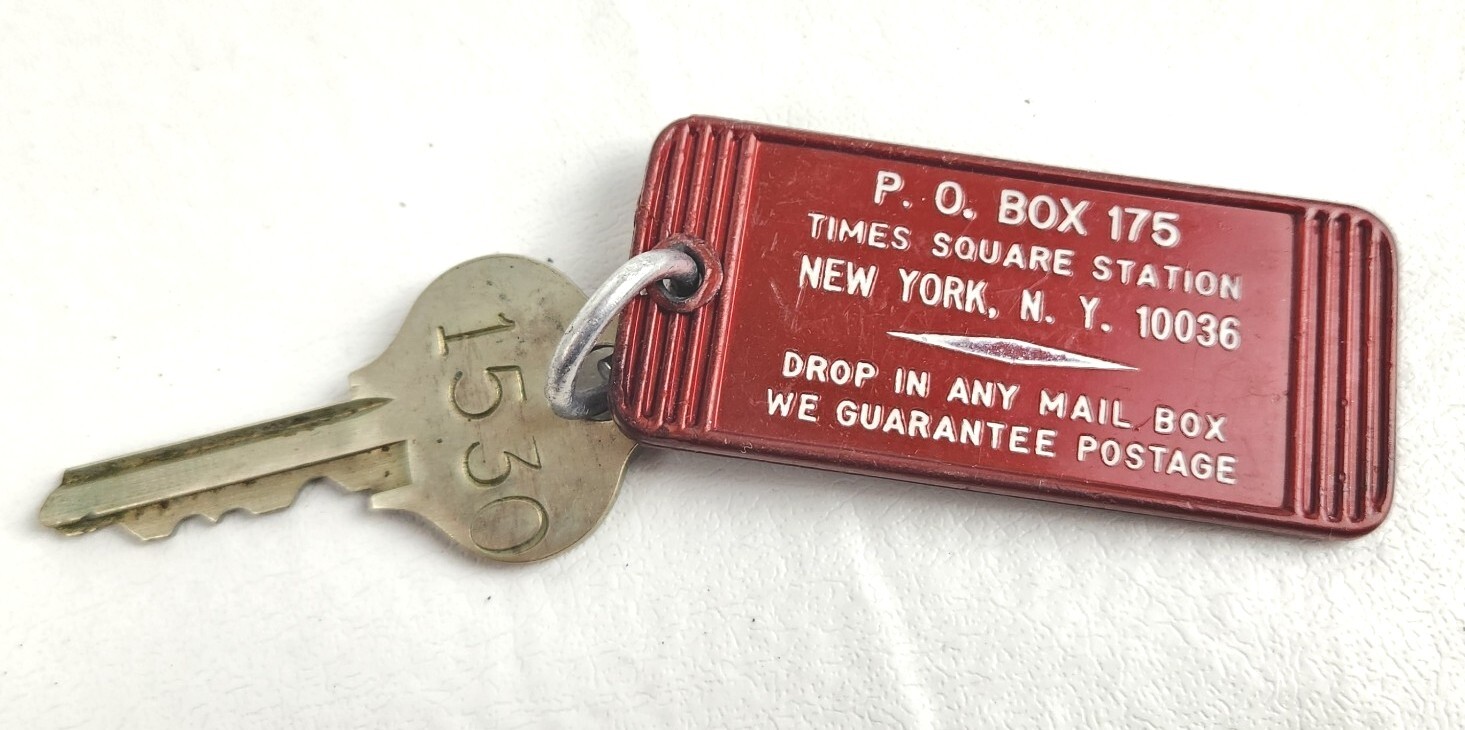 Vintage P.O. BOX 175 TIMES SQUARE STATION NEW YORK Key Fob Plastic Tag ...