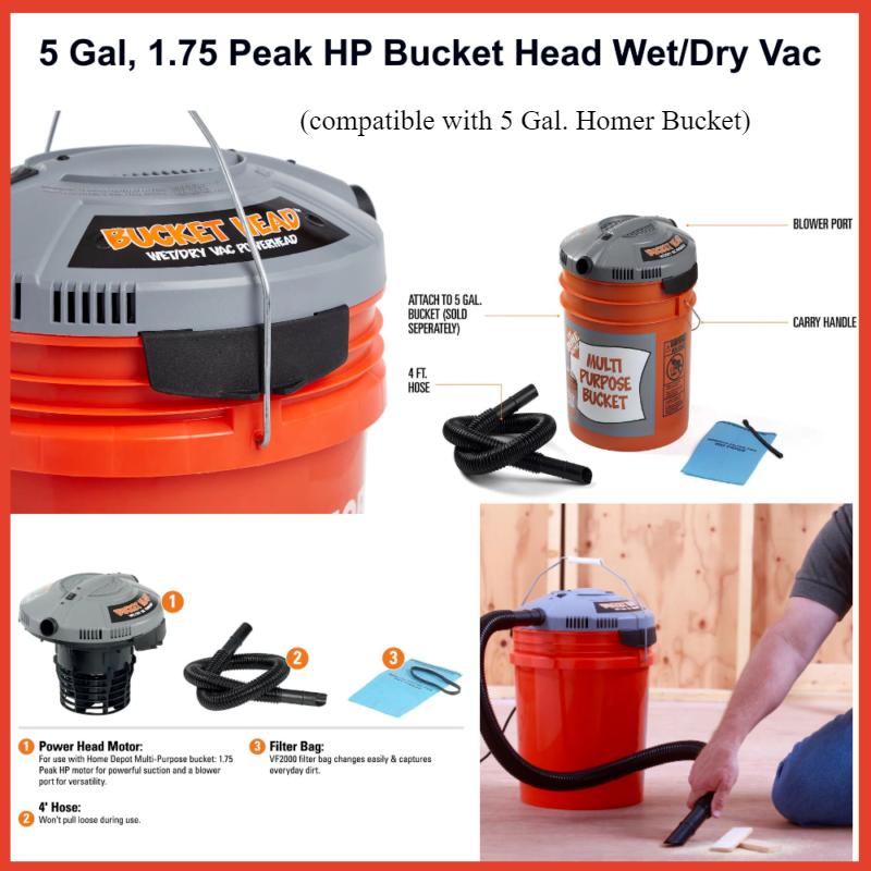 5-Gal Bucket Head Wet Dry Shop Vacuum Powerhead Vac 1.75 Peak HP w ...