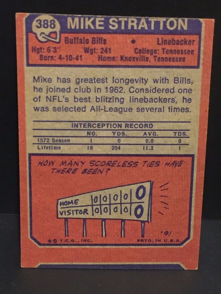 Mike Stratton 1973 Topps Football Error OddBaLL Miscut Card #388 Bills ...