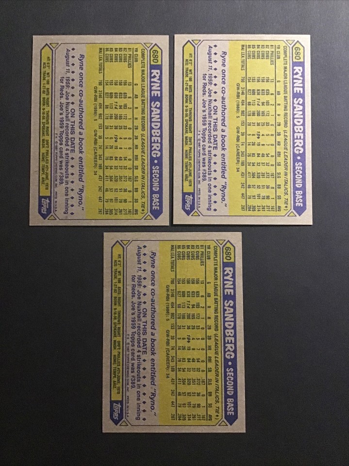 1987 Topps Baseball #680 Ryan Sandberg - 3 CARDS LOT - NM-MINT -7071 | eBay