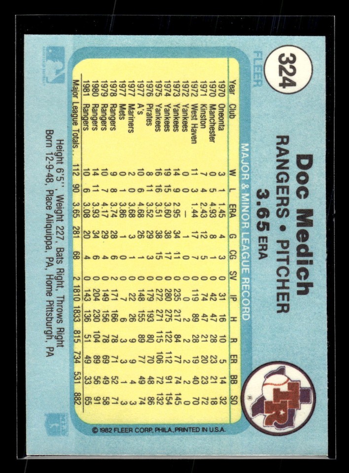 1982 Fleer Baseball #324 Doc Medich "Set Break" Mint Texas Rangers | eBay