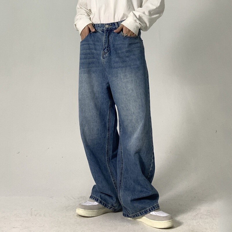 Men Loose Straight Fit Jeans Retro Denim Pants Wide Leg Trousers Hip ...