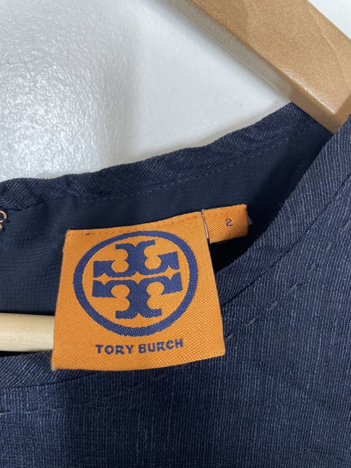 Tory Burch Womens Hildy Linen Silk Fit & Flare Dress Sleeveless Navy ...