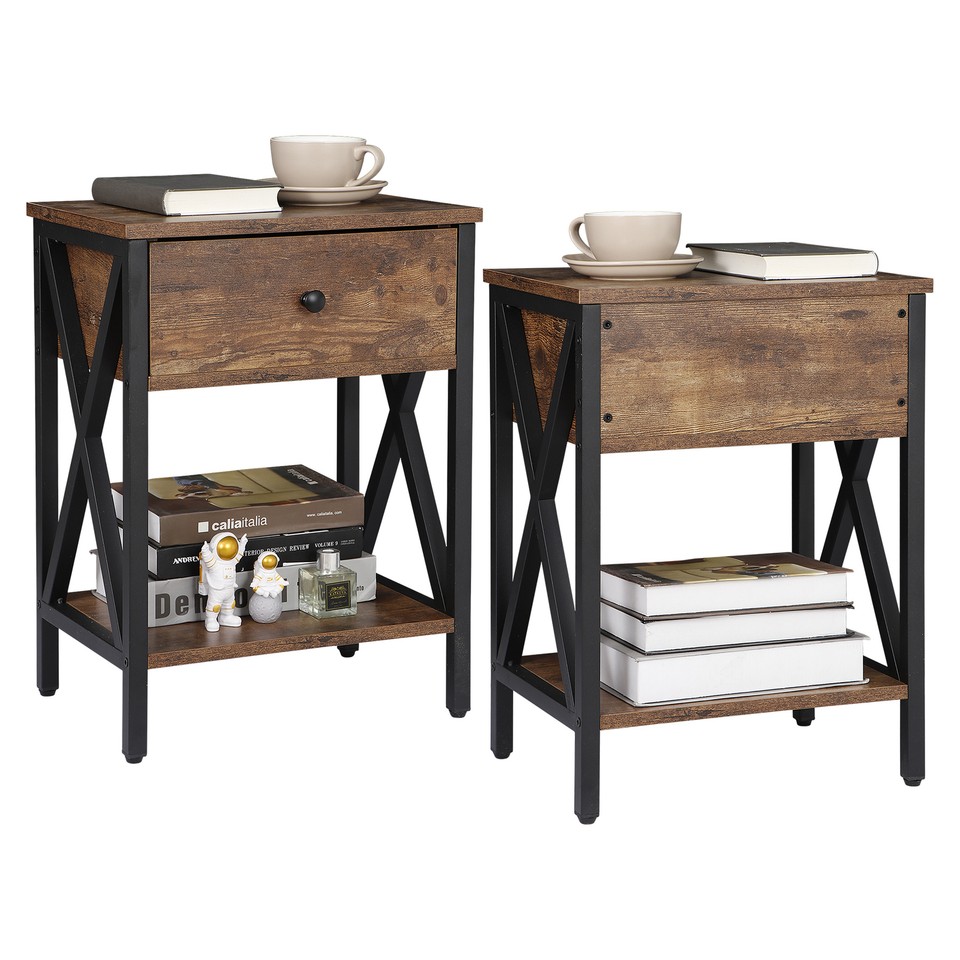 Set of 2 End Tables with Storage Shelf and Drawer Organizer Sofa Table ...