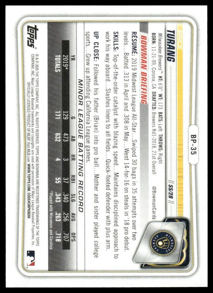 2020 Bowman #BP-35 Brice Turang Prospects Camo | eBay
