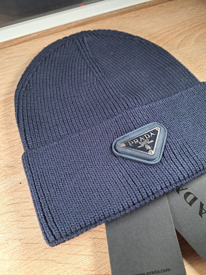navy Knit Beanie Hat with Triangle Logo Patch – Stylish Winter Cap ...