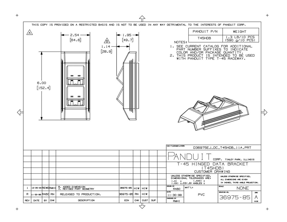 Panduit T45HDBIW Hinged Data Bracket Surface Raceway, Snap-On Hinged ...