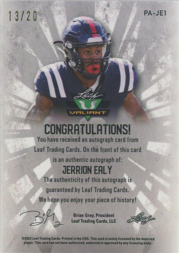 Jerrion Ealy 2022 Leaf Valiant Orange Crystal Auto #13/20 Ole Miss ...