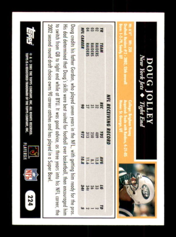 2005 Topps #224 Doug Jolley NM/NM+ NY Jets 242300 | eBay