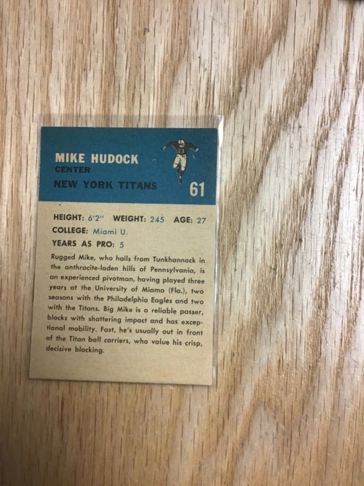 1962 Fleer Football Mike Hudock New York Titans Card #61 | eBay