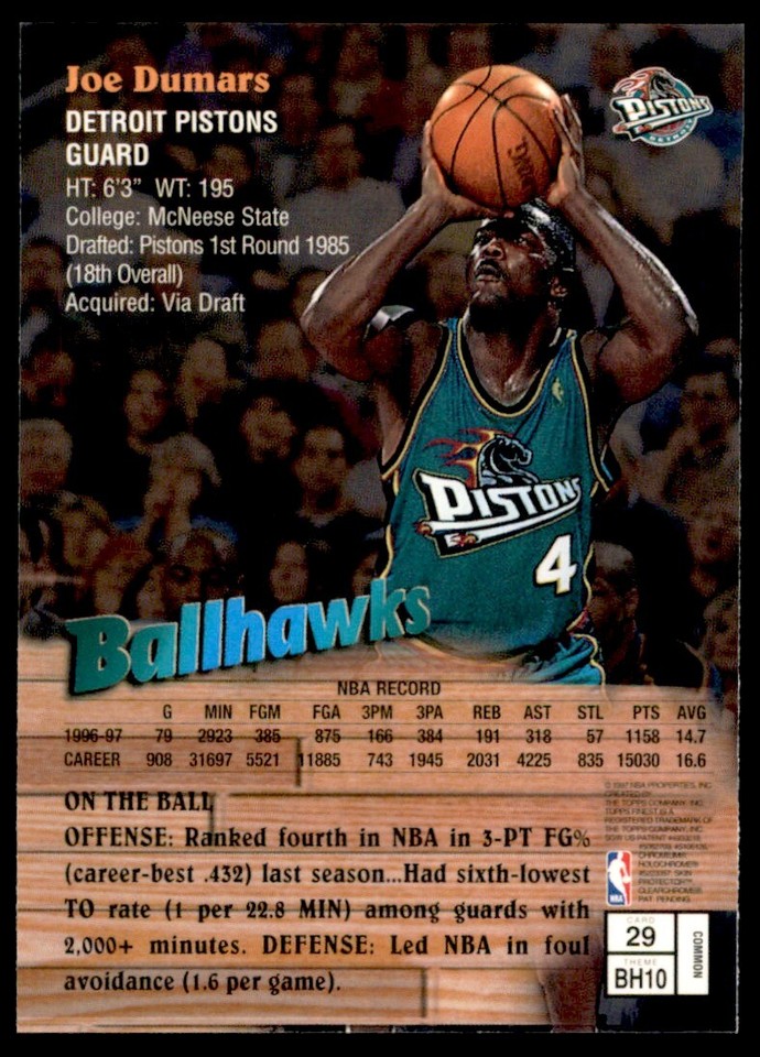 1997-98 FINEST WITH COATING JOE DUMARS DETROIT PISTONS #29 | eBay