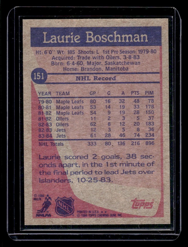 Laurie Boschman 1984 Topps #151 Winnipeg Jets | eBay