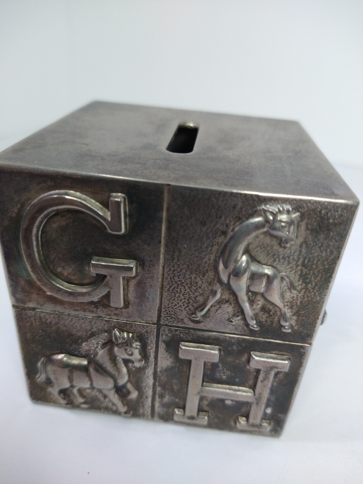 Block ABC Silver Plate/Pewter Coin Bank 3" Vintage Great Condition-Fast ...