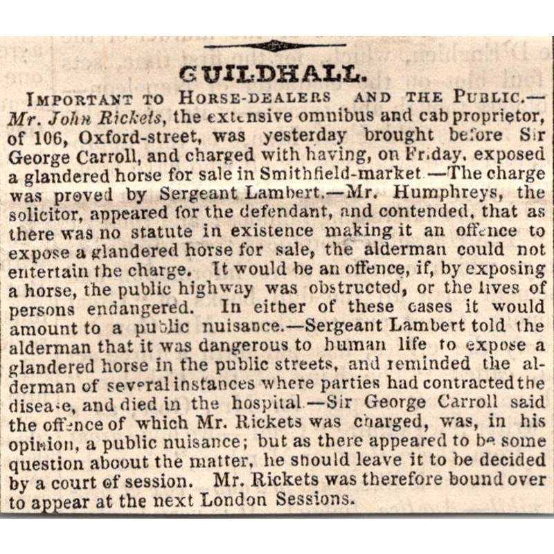 Guildhall Mr. John Rickets Horse-Dealers 1844 London Newspaper Clipping ...