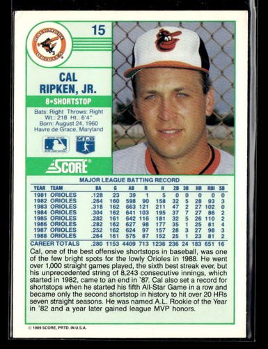1989 Score #15 Cal Ripken, Jr. | eBay