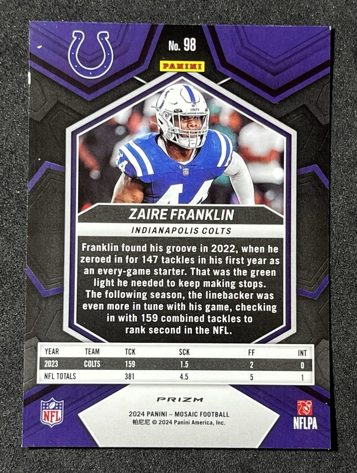 2024 Panini Mosaic Zaire Franklin Yellow Reactive Prizm #98 ...