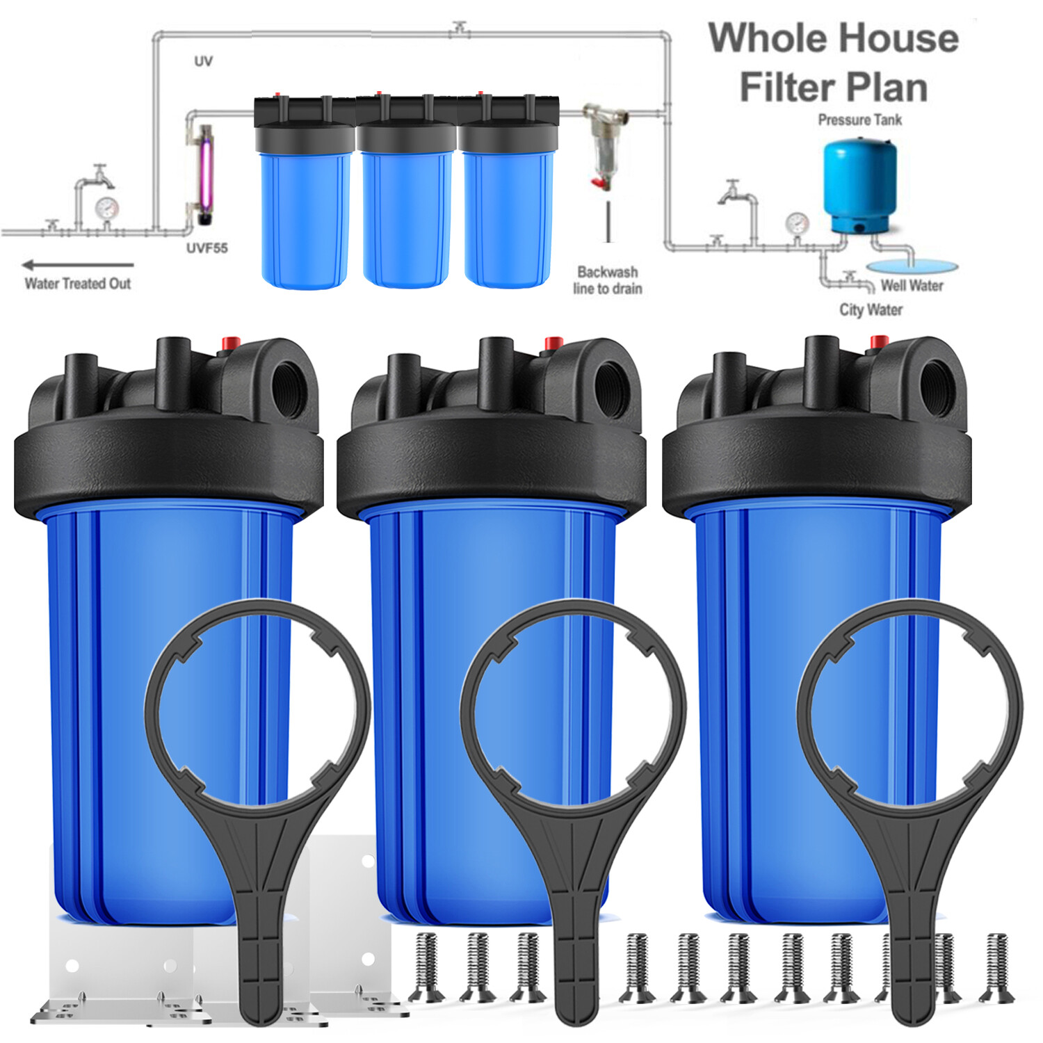 Whole House Water Pre-Filter System + 3 Stage 10" Big Blue Housing w ...