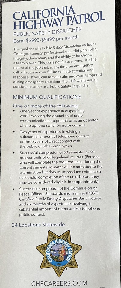 California Highway Patrol (CHP) Dispatcher Recruitment Flyer | eBay