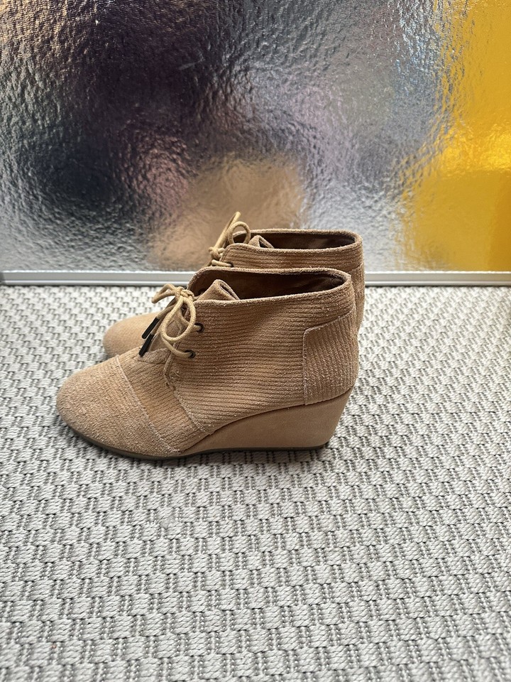 Toms Tan Suede Kala Corduroy Wedge Booties Desert Ankle Boots Lace Up ...