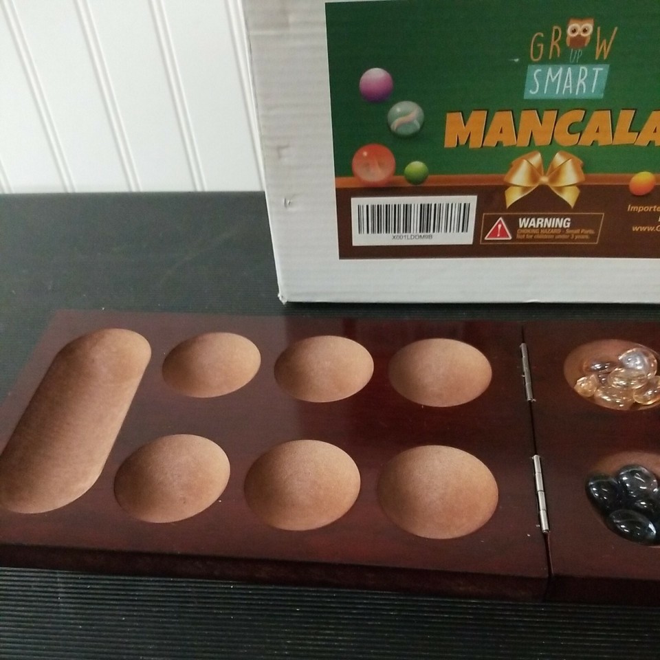 Mancala Board Game Set by GrowUpSmart with Dark Folding Wooden Board ...