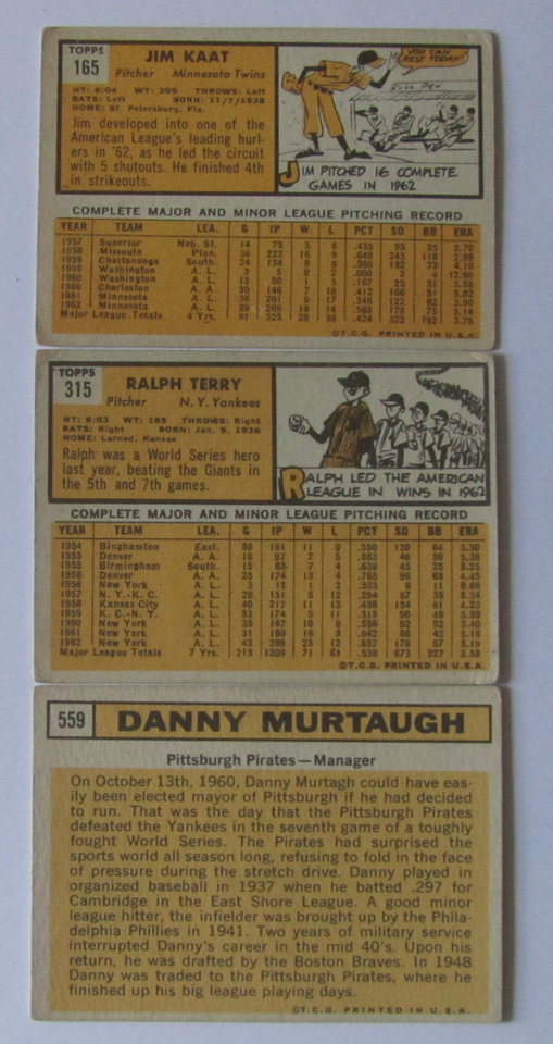 THREE (3) 1963 Topps HOFer Jim Kaat, Ralph Terry, Danny Murtaugh GREAT ...