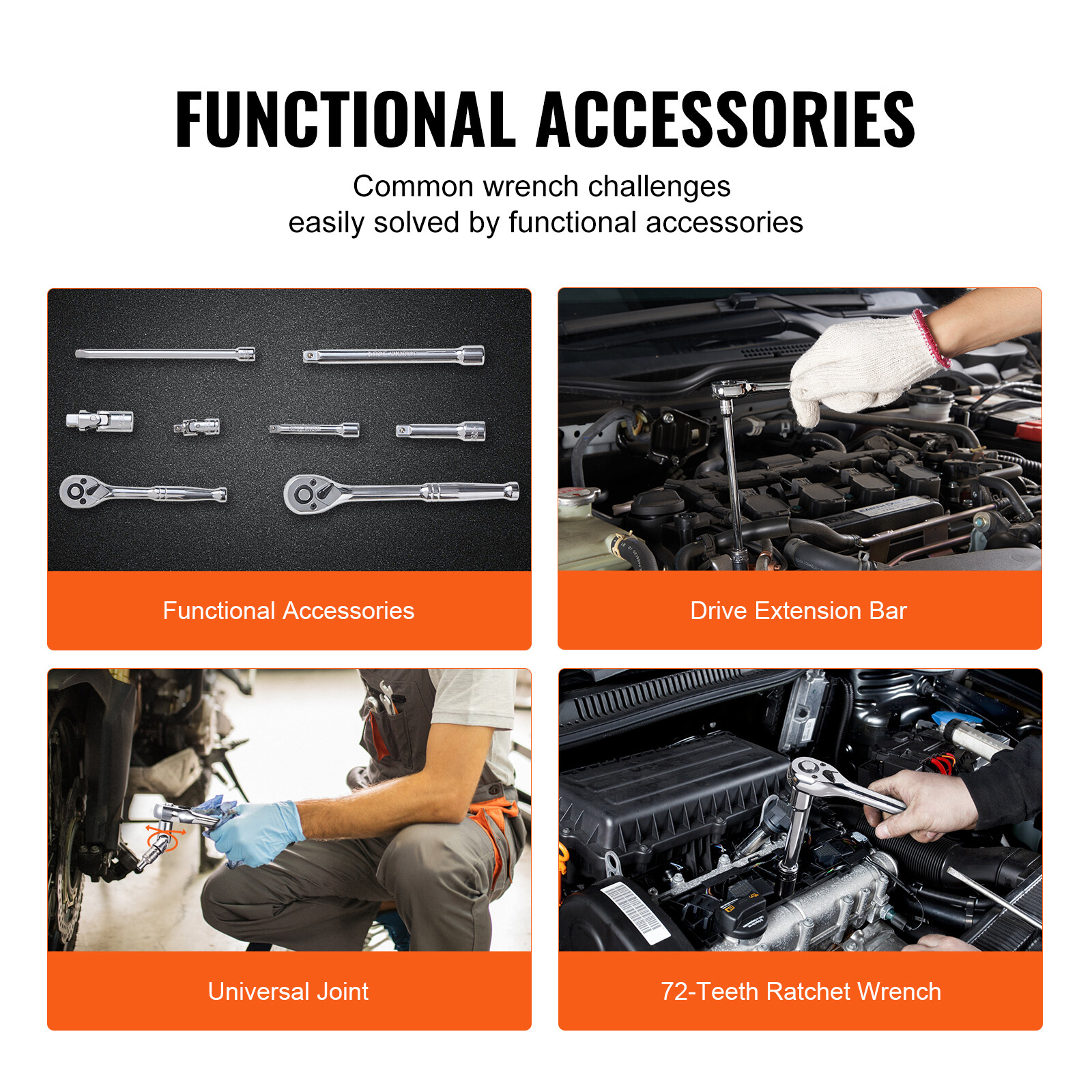 VEVOR Socket Set 1/4in 3/8in Drive Socket and Ratchet Set 6-Point 106 ...